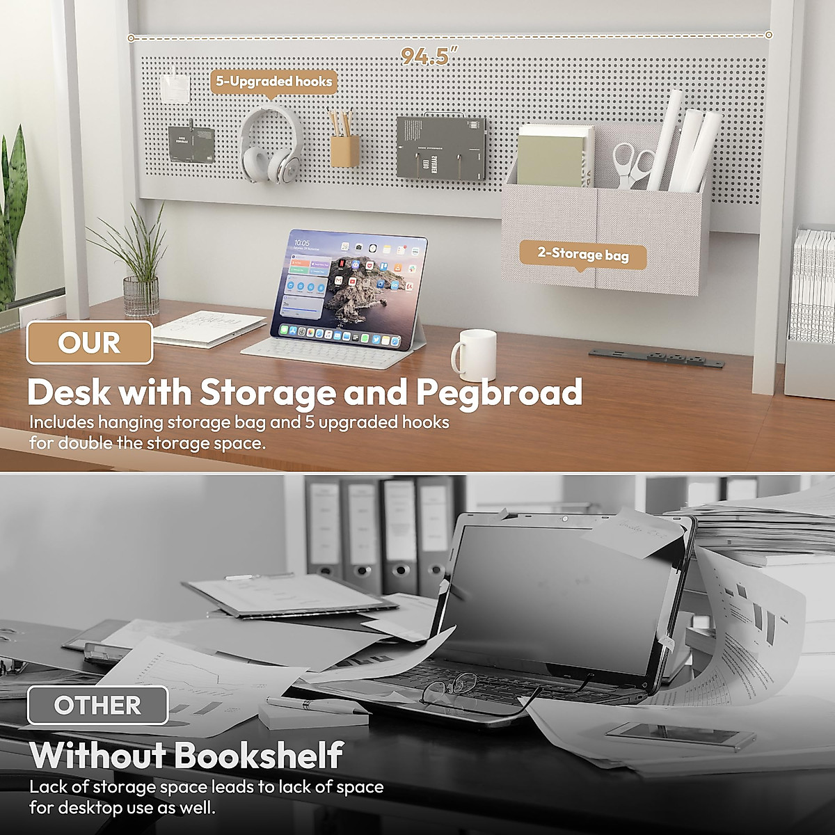 Dowinx L Shaped Desk with Pegboard and Removable Filing Cabinet, Reversible 67” Computer Gaming Desk with Power Outlet and Led, Office Corner Desk with Storage for Home Game, Brown