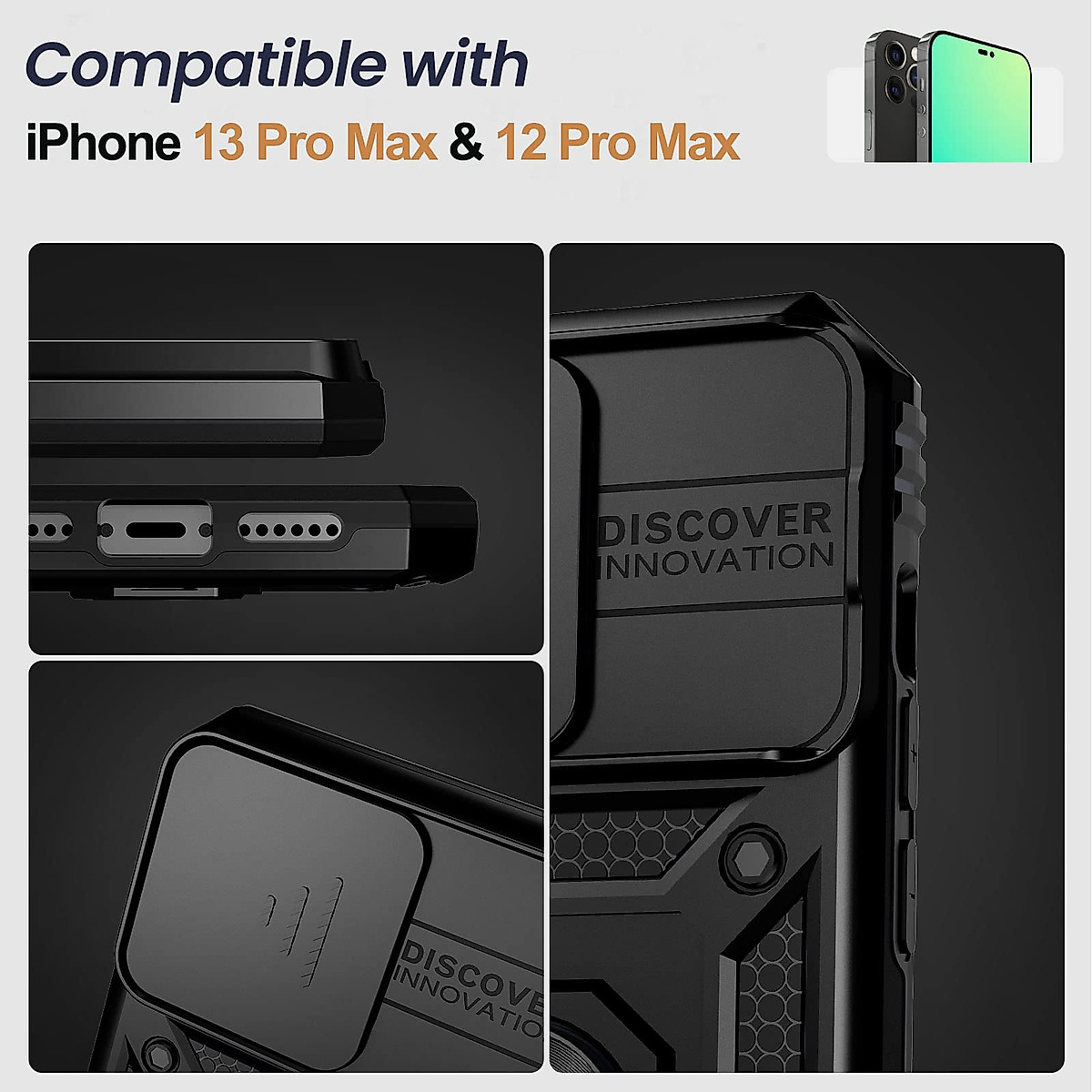 Goton Armor Case for iPhone 13 Pro Max & iPhone 12 Pro Max Case with Sliding Camera Cover & Stand, Heavy Duty Shockproof Protective Rugged Phone Case with 360-degree Rotatable Ring Kickstand - Black