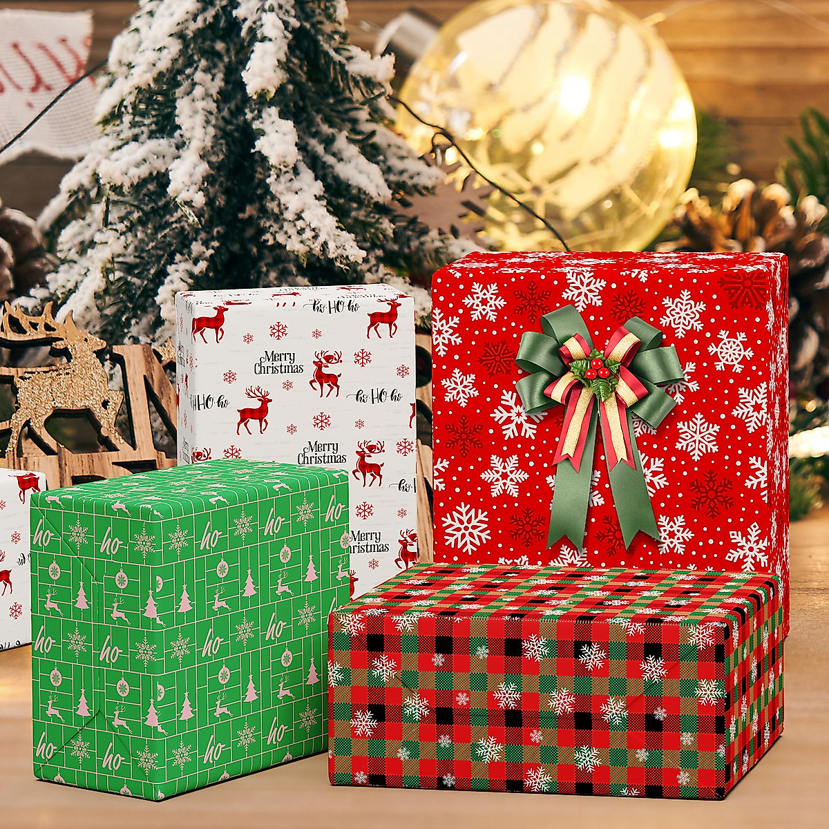 MotiGiftie Christmas Wrapping Paper for Kids Adults - Xmas Wrapping Paper with Red/Green Plaid, Reindeer, Snowflakes, “Ho Ho” Xmas Trees - 20 x 28 Inches, 12 Folded Sheets, Easy to Store