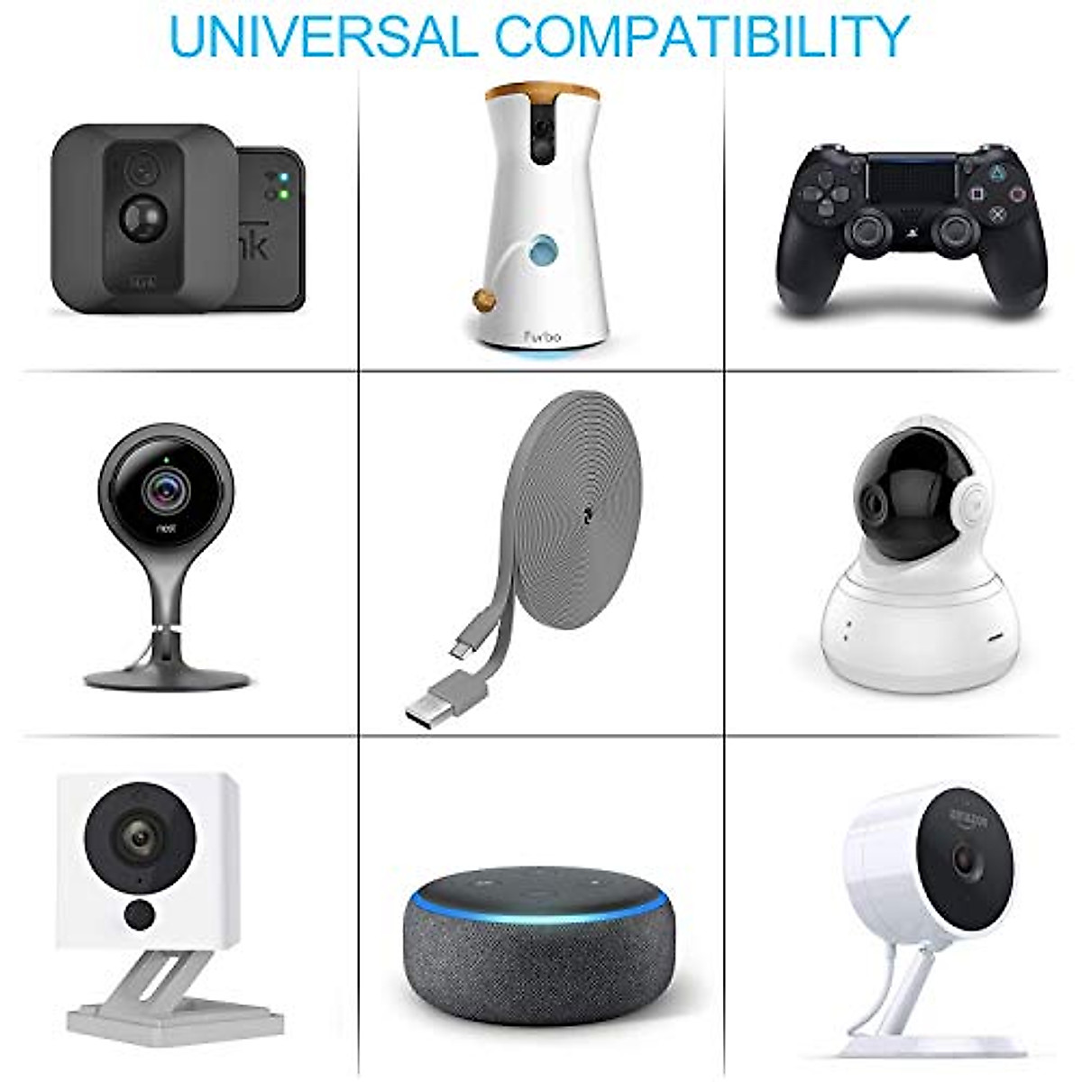 2 Pack 10FT Power Extension Cable for WyzeCam, WyzeCam Pan, KasaCam Indoor, NestCam Indoor, Blink,Cloud Cam, USB to Micro USB Durable Charging and Data Sync Cord (Gray)