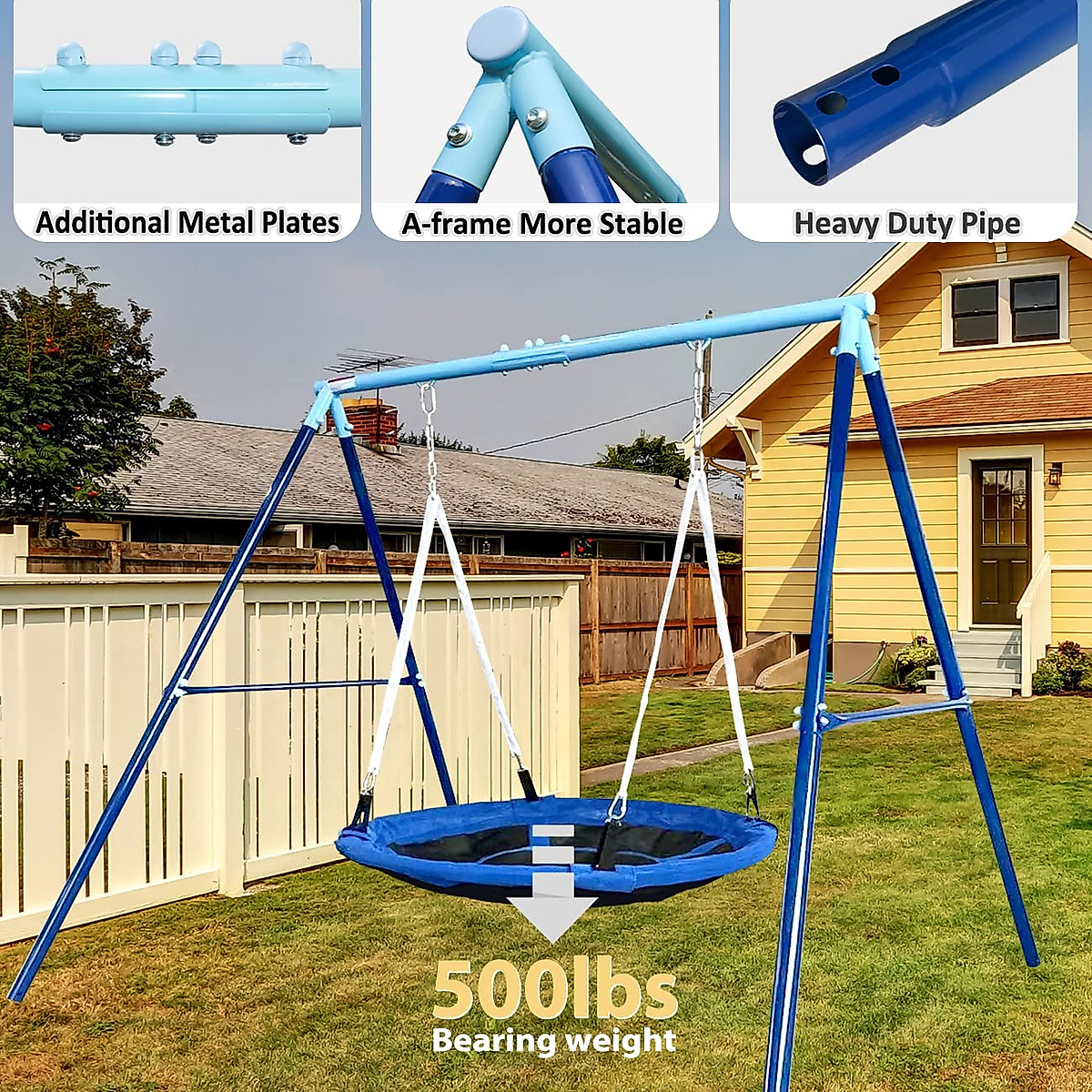 JYGOPLA 500lbs Saucer Swing with Frame, Kids Swing Set for Outdoor Backyard,1 45'' Saucer Tree Swing + 1 Heavy Duty Metal Swing Frame(Blue)
