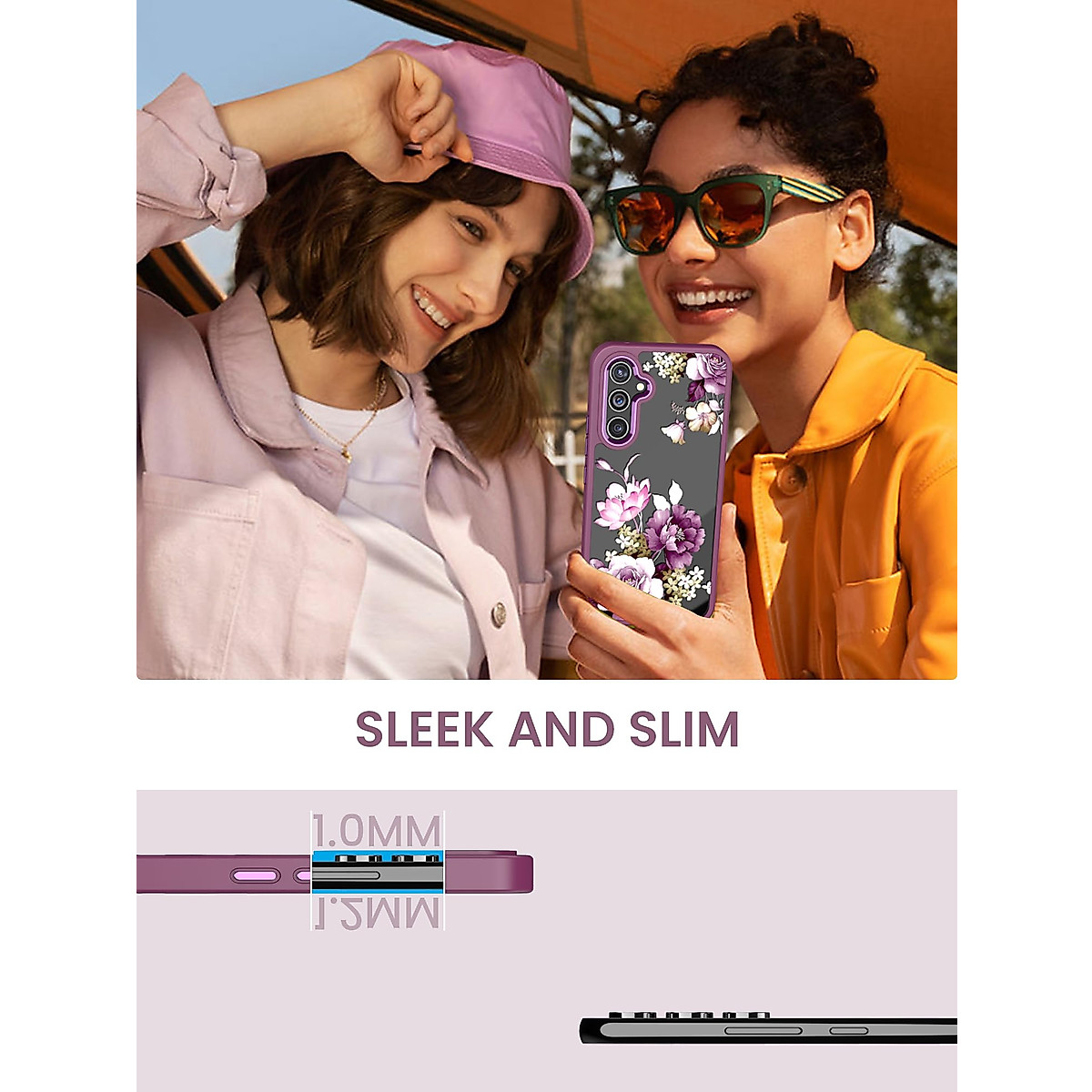 DagoRoo for Samsung Galaxy A54 5G Case with Tempered Glass Screen Protector [2 Pack],[Military Grade Protective] Slim Soft TPU & Hard PC,Girls Women Crystal Clear Flower Pattern Cases (JD-Purple)