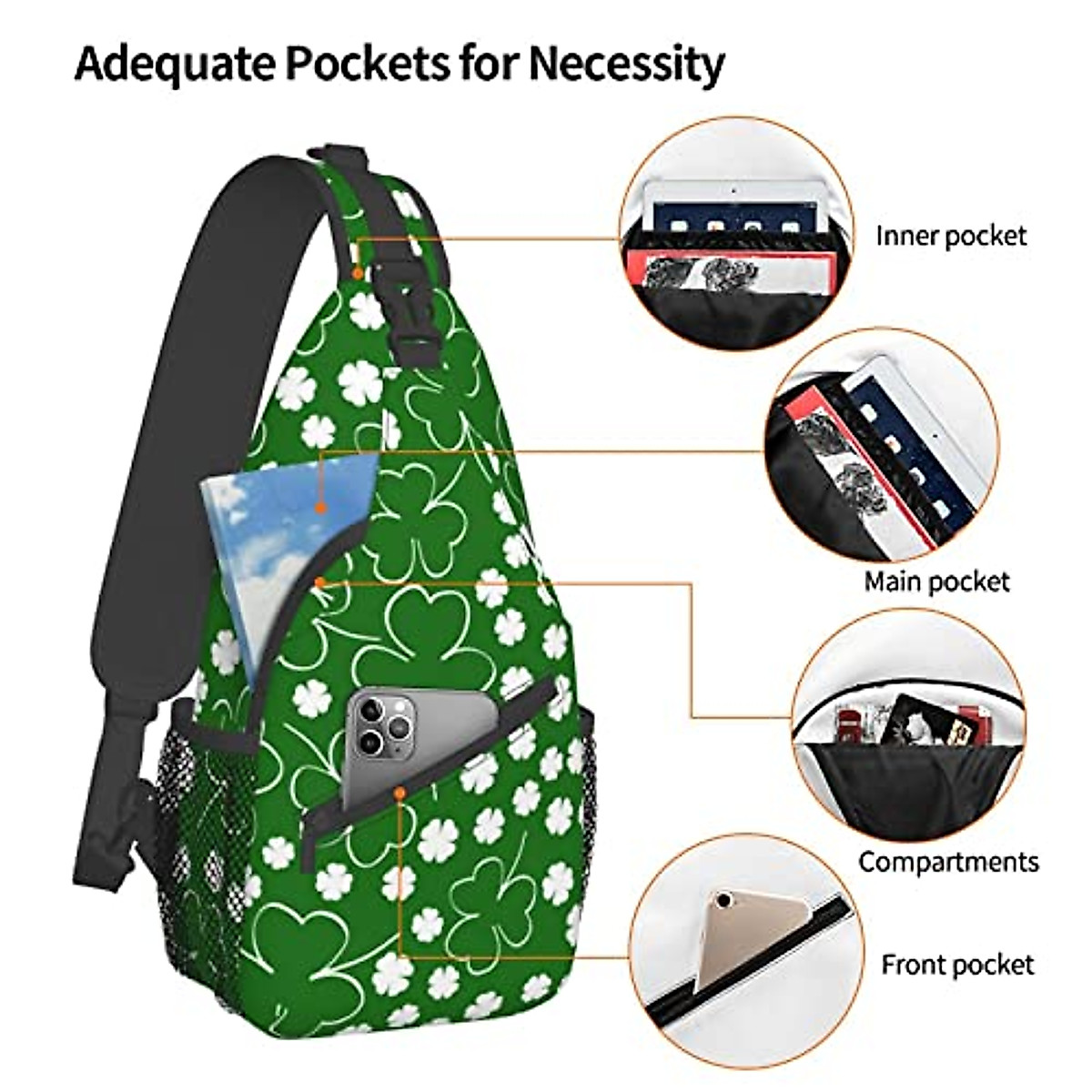 St. Patrick's Day Lucky Shamrock Sling Bag, Multipurpose Green Plaid Crossbody Shoulder Bag Travel Hiking Daypack