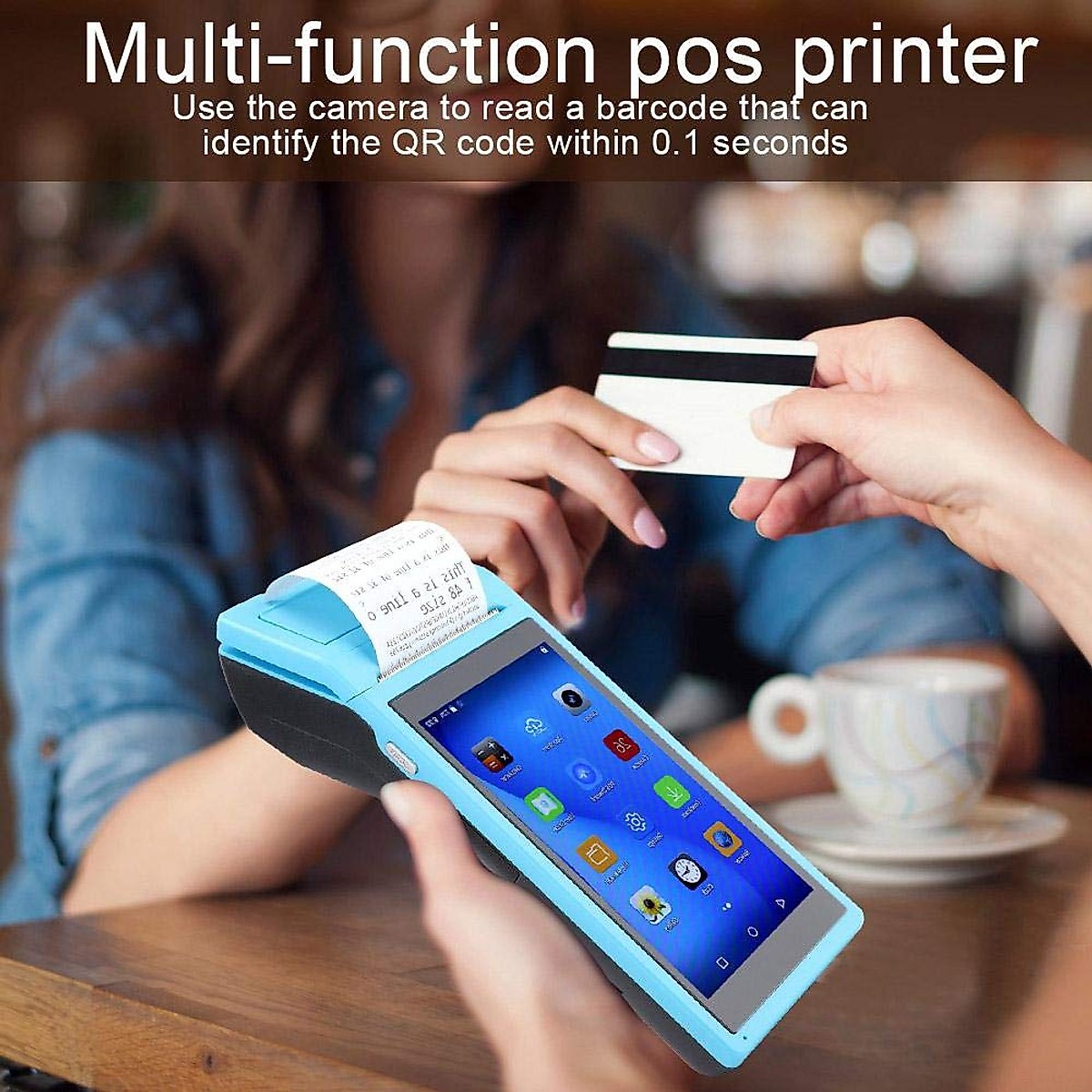 Android POS Terminal Receipt Printer,Handheld Receipt Printers with 5.5- inch Touch Screen support 3G, WIFI, BT3.0 / 4.0 for iBeacon,Quad Core CPU Portable Receipt Print Built-in All-in-One(blue)