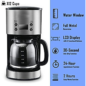 Drip Coffee Maker 12 Cup, Programmable Coffeemaker, Auto Shut-off Coffee Machine, 2 Hours Keep Warm Glass Coffee Pot, Grab-a-cup, LCD Display, Removable Filter,Stainless Steel, 1000W(Silver)