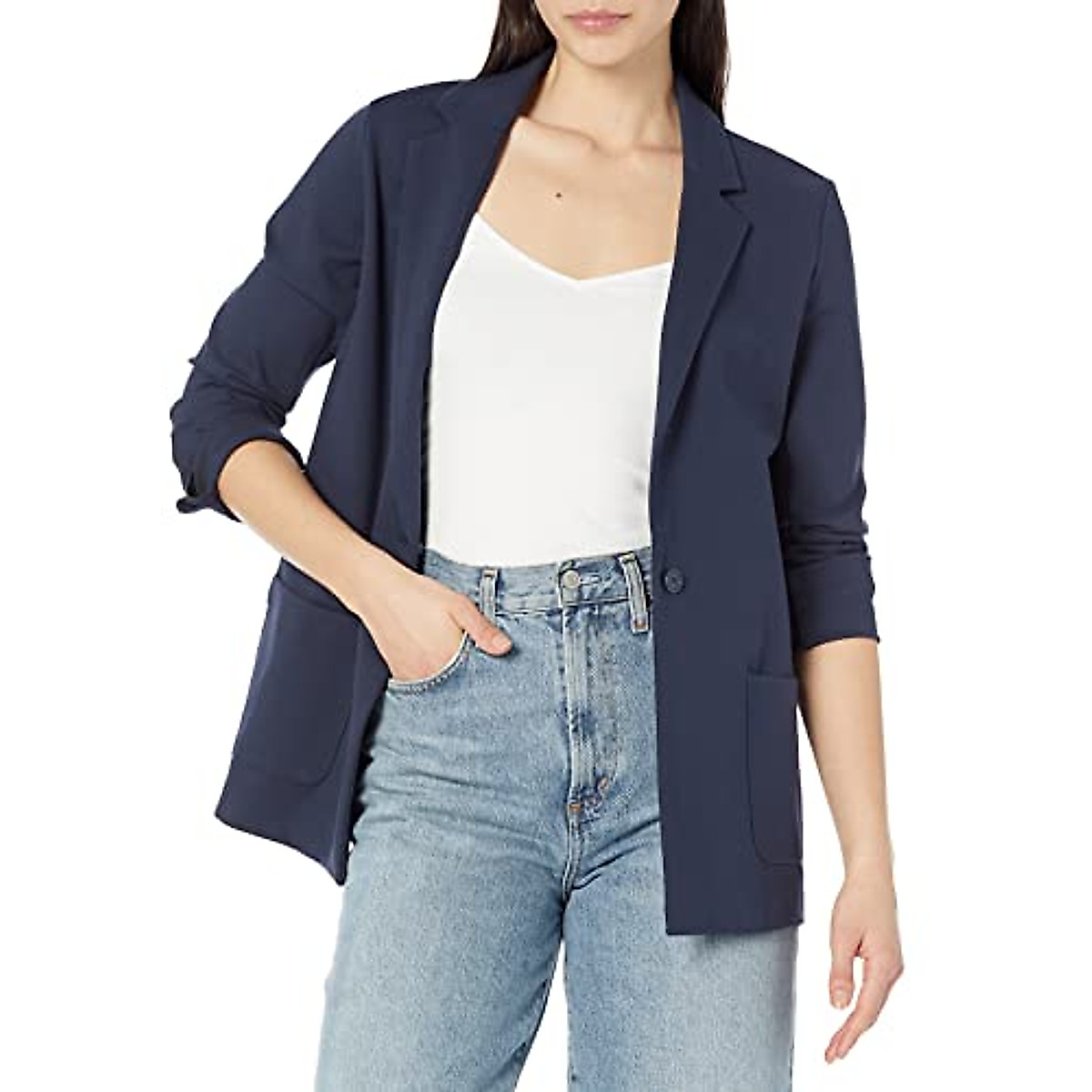 Amazon Essentials Women's Relaxed-Fit Soft Ponte Blazer, Navy, Large