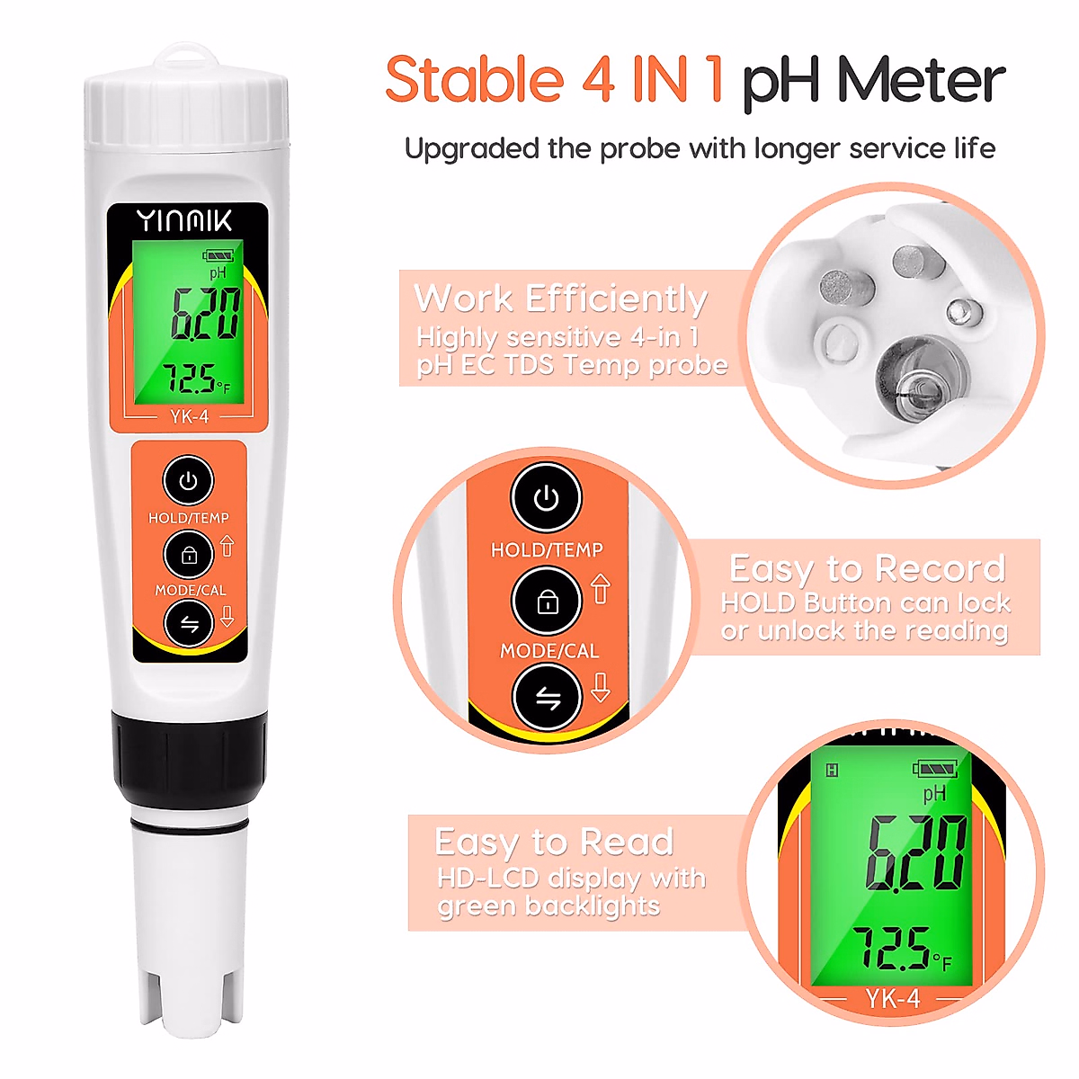YINMIK PH Meter, Digital 4 in 1 PH EC TDS Temp Meter for Water Hydroponics, Waterproof DWC PH ...