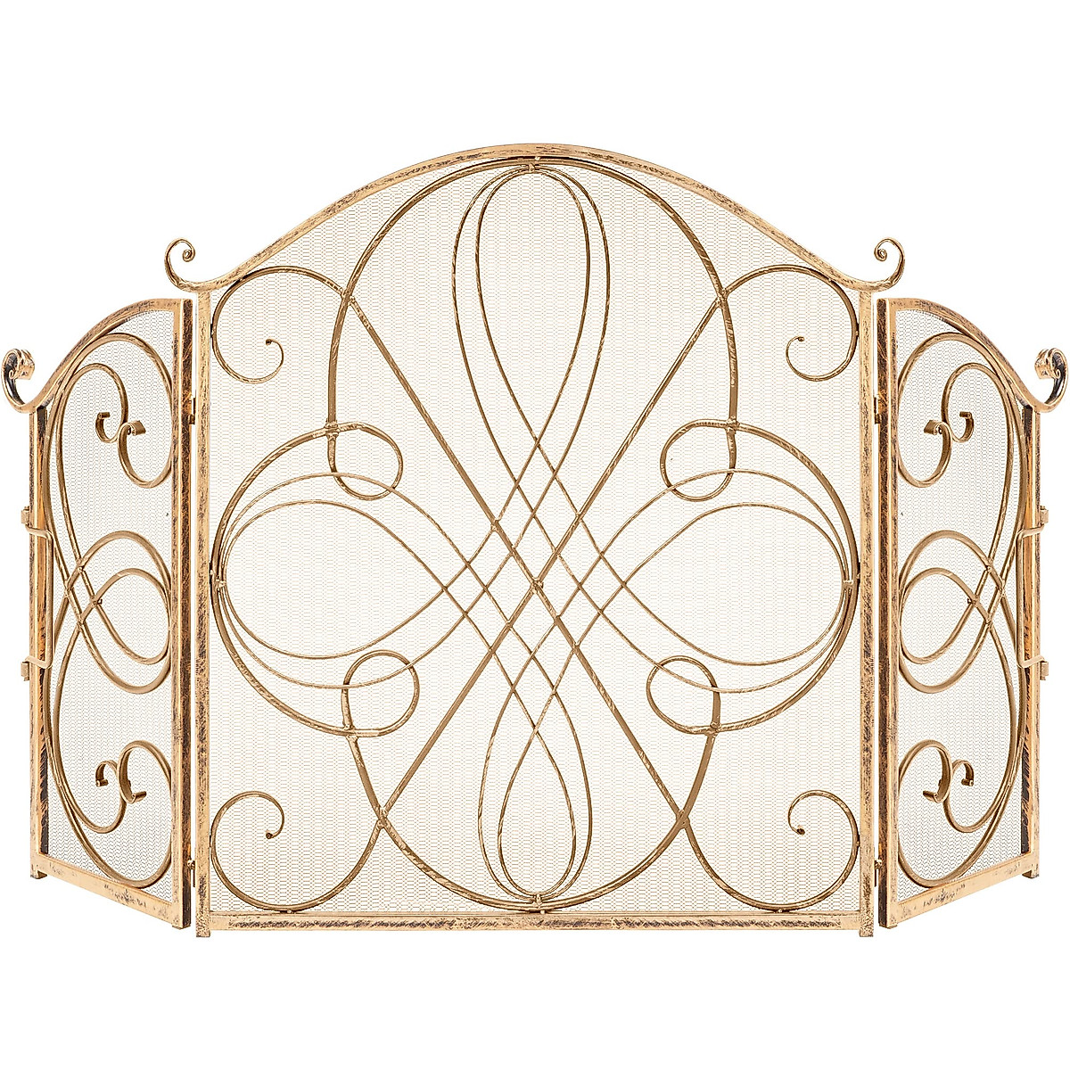 Best Choice Products 3-Panel 55x33in Solid Wrought Iron See-Through Metal Fireplace Screen, Spark Guard Safety Protector w/Decorative Scroll - Gold
