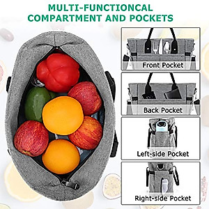 KIPBELIF Insulated Lunch Bags for Women - Large Tote Adult Lunch Box for Women with Shoulder Strap, Side Pockets and Water Bottle Holder, Gray, Extra Large Size