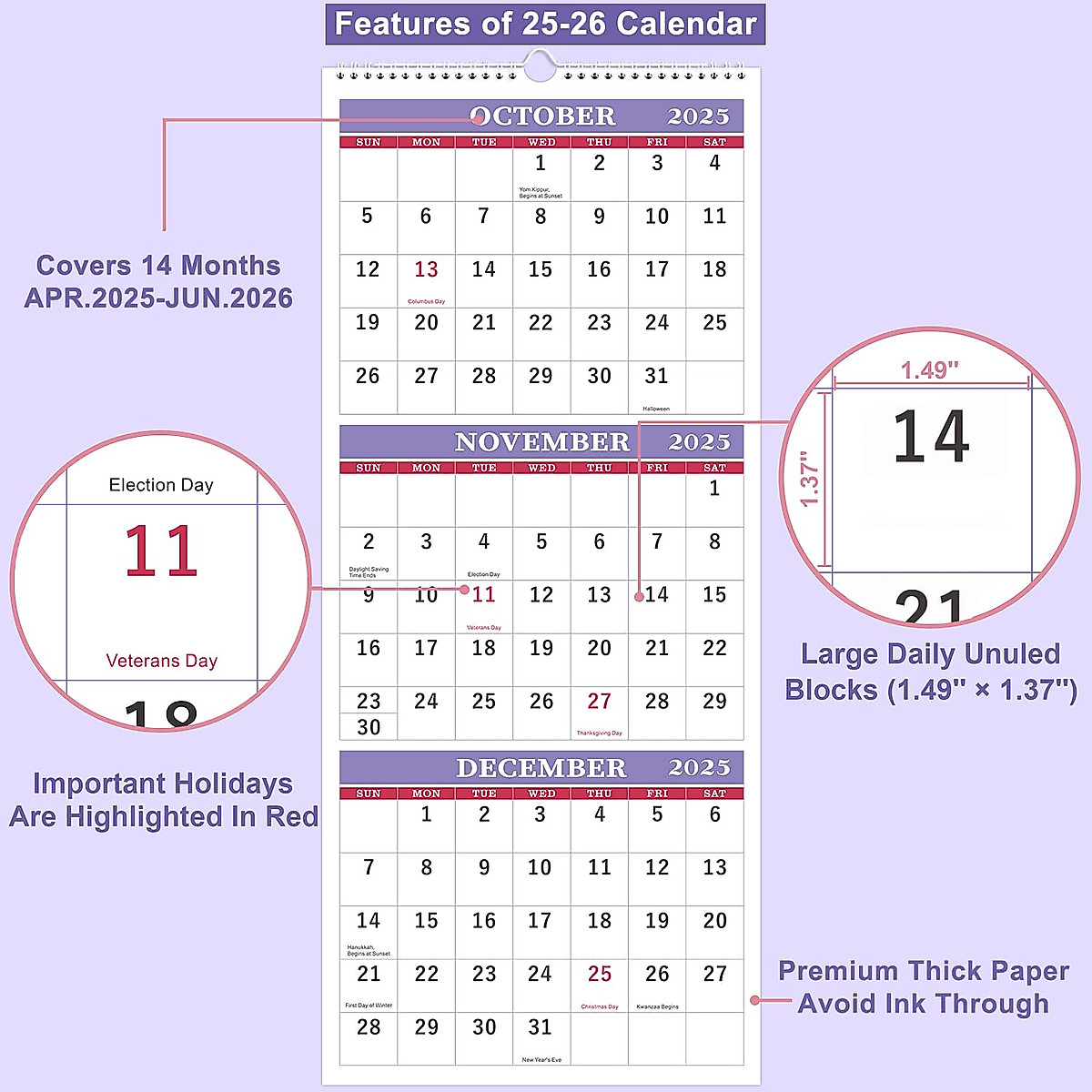 2025-2026 Wall Calendar - 3 Month Wall Calendar Display (Folded in a Month), May 2025 - June 2026, 11.25" x 26", 3 Month Calendar 2025-2026 - Purple