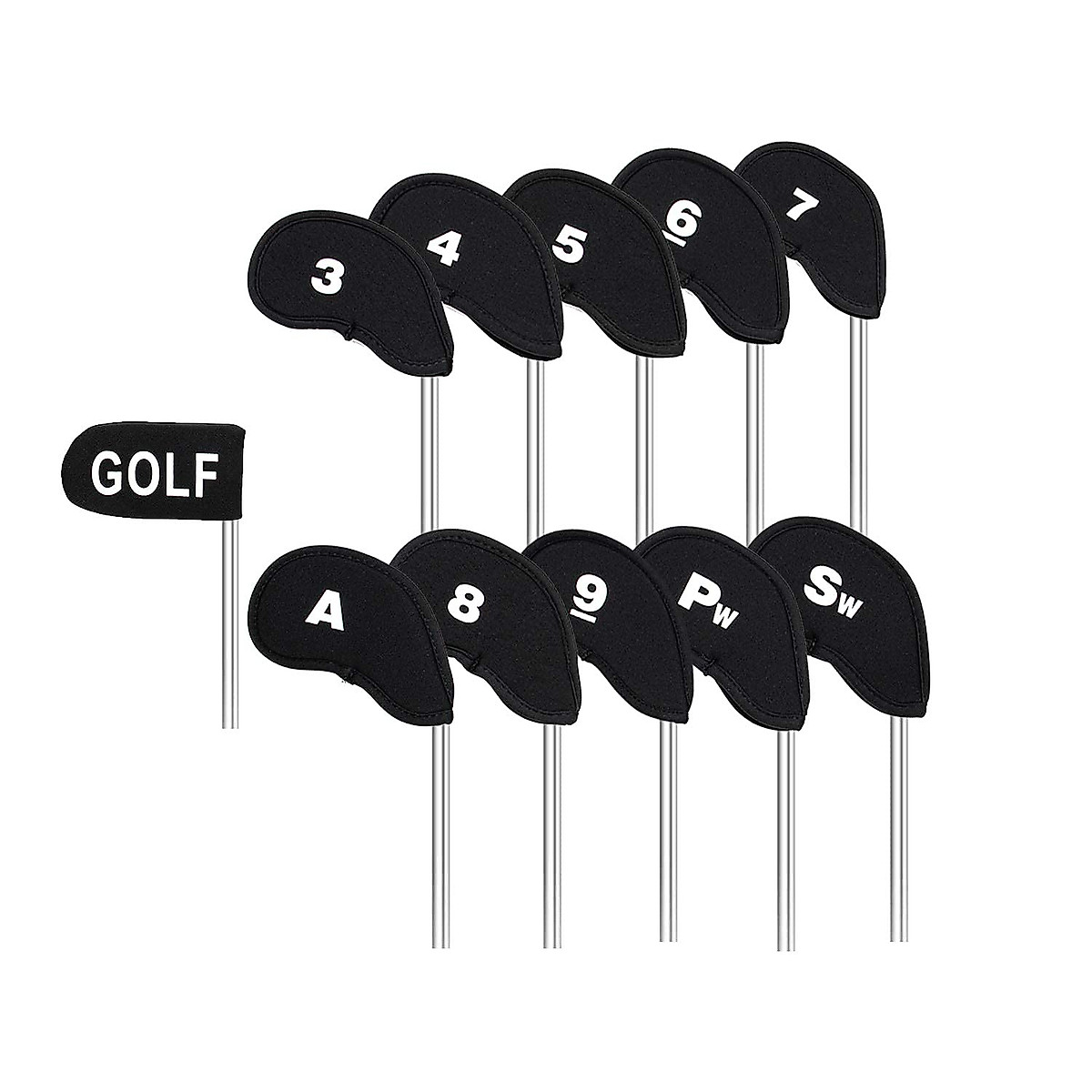 AUEAR, 11 Pack Golf Head Covers Black Neoprene Iron Putter Headcovers Set Fit All Brands
