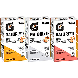 Gatorlyte Rapid Rehydration Electrolyte Beverage, Variety Pack, Lower Sugar, Specialized Blend of 5 Electrolytes, No Artificial Sweeteners or Flavors, Scientifically Formulated for Rapid Rehydration, 18 pack. 1 pack mixes with 16.9oz (500ml) water.