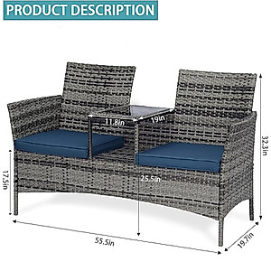 Pieryakers Outdoor Loveseat Rattan Wicker Two Seater,Patio Conversation Sets Built-in Coffee Table and Cushion for Balconies, Lawns, Backyard Outside Sofa Benches (Grey-Blue)