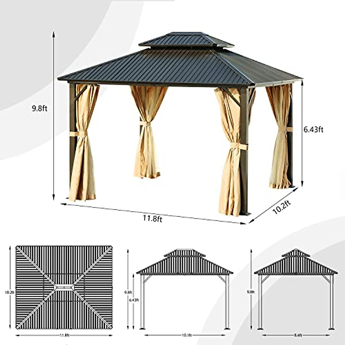 Aoodor 10' x 12' Gazebo Hardtop Roof, Aluminum Frame with Mosquito Netting and Curtain for Garden Patio, Black