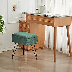 Leesingdo Vanity Stool Chair, Faux Teddy Fur Ottoman Foot Stool with Metal Legs & Adjustable Black Feet, Flip Top Storage Makeup Stool with Soft Padded Seat, Foot Rest for Makeup Room Bedroom, Green