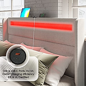 AMERLIFE Queen Bed Frame with RGBW LED Lights Headboard & 4 Storage Drawers, Upholstered Smart Platform Bed with USB & USB-C Ports, Box Spring Optional, Cream