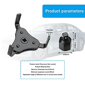 Yumfugu 1 PC Car Oil Filter Wrench, 1/2 Metal Heavy Duty Adjustable Filter Change Set, Universal Multifunctal Three-claw Vehicle Oil Filter Wrench Maintenance Accessories for Engine (Black)