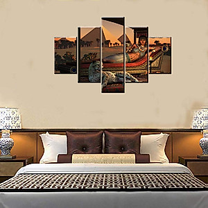 Ancient Egypt Princess Wall Art Egyptian Lady Women Artwork Animal Cheetah/ Leopard Pictures 5 Piece Prints Canvas Painting for Living Room House Decor Wooden Framed Ready to Hang Gift(60''Wx 40''H)