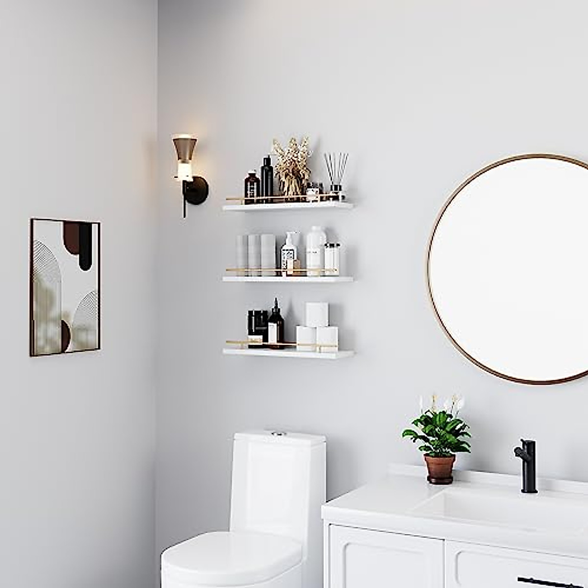 Senjie Floating Shelves for Wall,Bathroom Shelf Set of 3,Wall Shelves for Bedroom,Kitchen,Living Room,Invisible Brackets,White and Gold