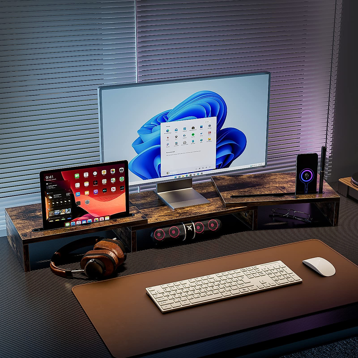 XBurmo Monitor Stand Riser, Dual Monitor Stand with slots for TV/PC/Laptop, Wood Computer Monitor Stand with adjustable Length and Angle, Rustic Brown