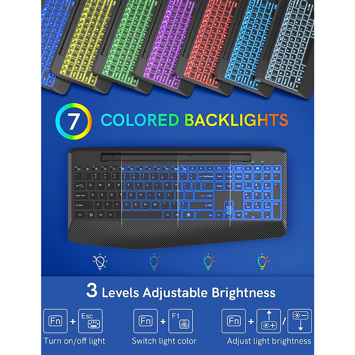 Wireless Keyboard with 7 Colored Backlits, Wrist Rest, Phone Holder, Rechargeable Ergonomic Computer Keyboard with Silent Keys, Full Size Lighted Keyboard for Windows, Mac, PC, Laptop (Black)