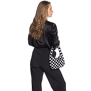 Fashion Soft Faux Fur Shoulder Bag Purse for Women Retro Checkered Fluffy Hobo Handbag Zipper Closure (White Black)