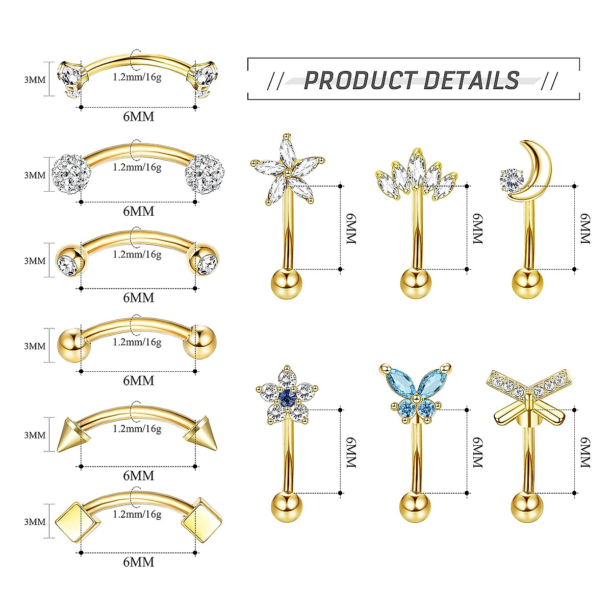 JOERICA 12Pcs 16G Rook Daith Earrings for Women Stainless Steel Eyebrow Piercing Jewelry Curved Barbell Short Belly Lip Rings 6mm 8mm