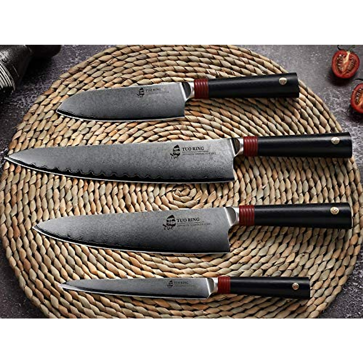 TUO Damascus Chef's Knife - Kitchen Chef Knives - Japanese AUS-10 Damascus Steel - Dishwasher Safe G10 Handle - Gift Case Included - RING-RC Series TC0301RC - 8"