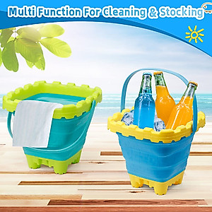 7 PCS Castle Foldable Beach Sand Buckets Toy Set with Shovels Scoop Sifter for Kids, 3L Silicone Collapsible Bucket Pails for Toddler, Summer Toy, Sandbox Kit Camping Gear Beach Essential Gift