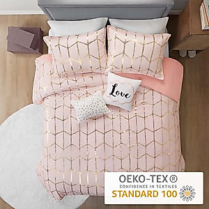 Intelligent Design Raina Comforter Microfiber Metallic Print Geometric Design Embroidered Toss Pillow Modern Trendy Casual All Season Bedding Set Matching Sham, Full/Queen, Blush/Gold 5 Piece