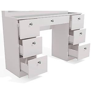 Boahaus Yara LARGE Bedroom Makeup Vanity Desk with Mirror and Lights, 7 Drawers, Glass Top, Crystal Knobs - White Big Vanity Makeup Desk, Built-in Lights, 56'' H x 46.3'' W x 14.6'' D