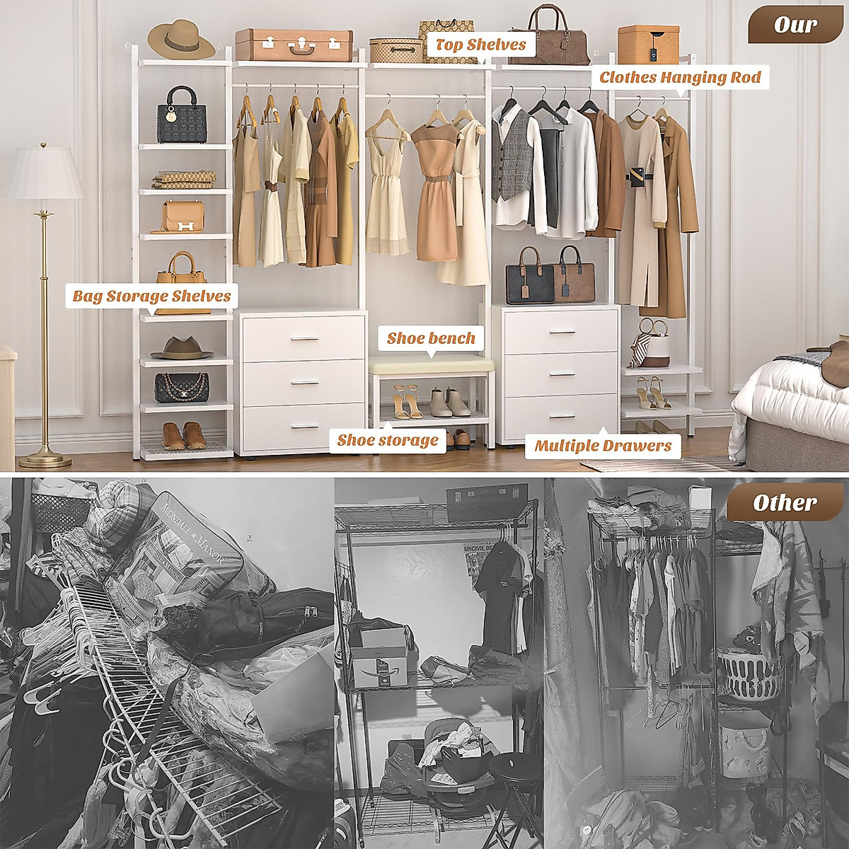 Aheaplus 8FT Closet Organizer Systems with 6-Drawers, 96'' Wood Closet Organizer with Storage for Walk In Closets, Clothing Rack Wardrobe Closet Garment Rack for Hanging Clothes, Bedroom, White