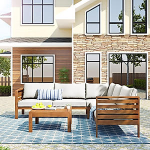 Quarte 4 Piece Outdoor Patio Conversation Furniture Set, Wood Sectional Sofa Set with Water Resistant Cushions/Coffee Table, Garden Backyard Poolside L Shape Corner Sofa Set…