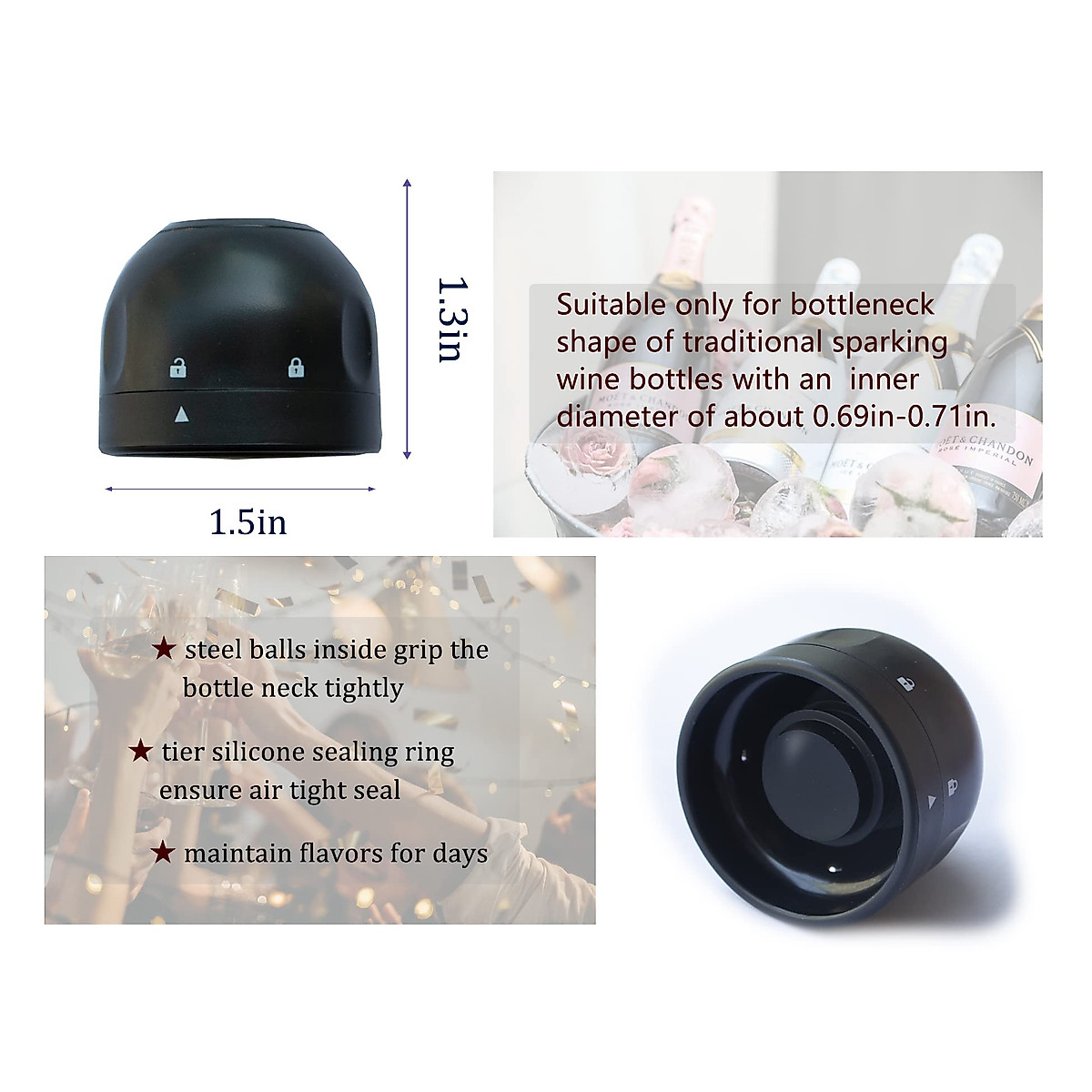 YOOHOTOUCH Champagne Stopper,2Pack Mini Champagne Saver Stoppers, Reusable Vacuum Leakproof Champagne Sealer,Perfect for Champagne, Cava, Prosecco & Sparkling Wine Bottle