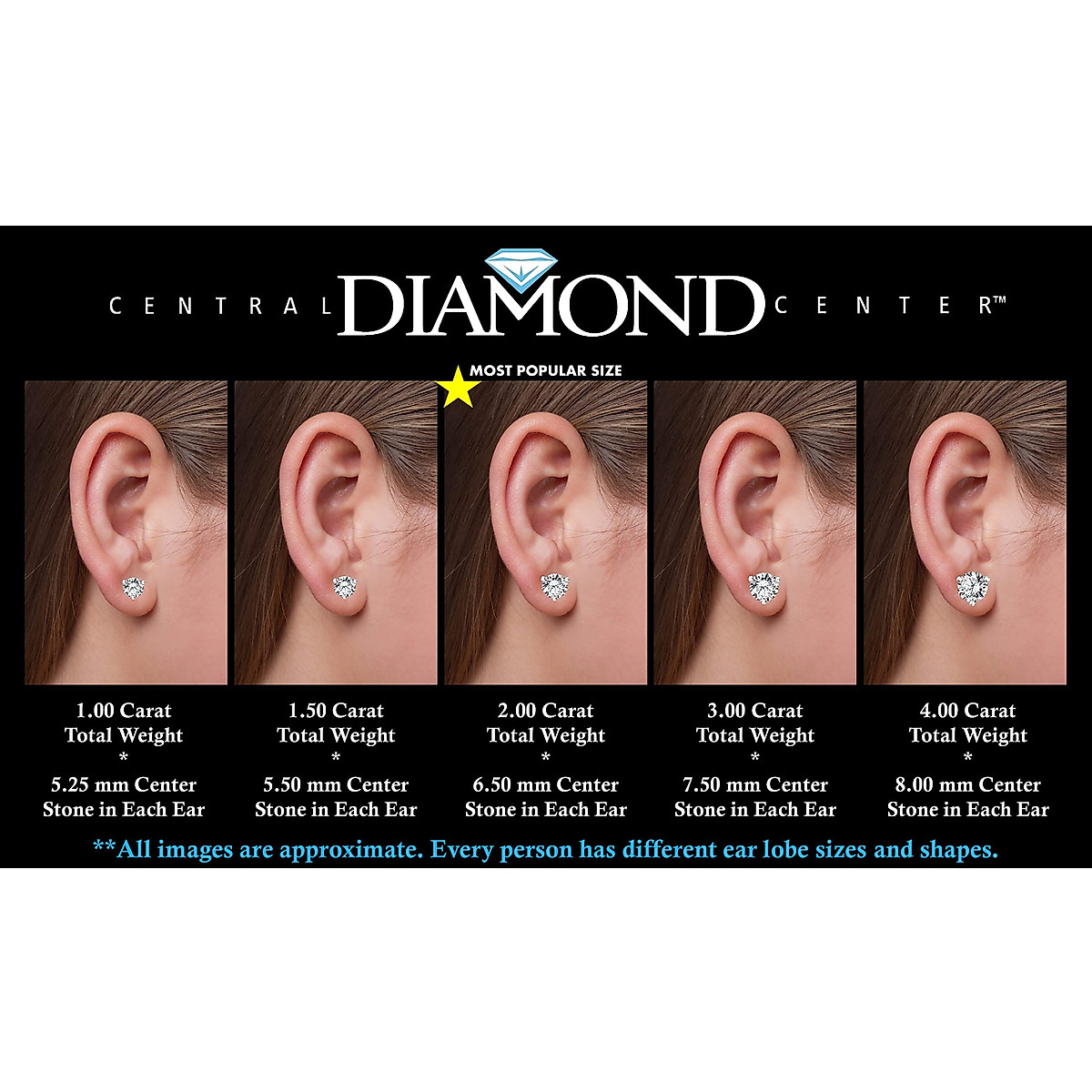 Central Diamond Center 14K Gold Post & Sterling Silver Zirconia 3 Prong Martini Stud Earrings- Yellow Gold Plated 6.50mm 2.00ctw