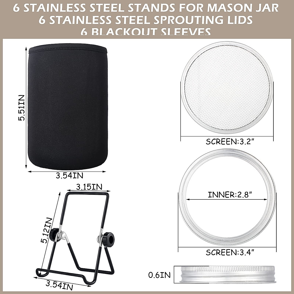 6 Pack Sprouting Lids with Stainless Steel Sprouting Jar Stands, Blackout Sleeves, Sprouting Kit for Wide Mouth Mason Jar, Organic Sprouts
