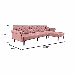 KoiHome Sectional Sofa Right Hand Facing Velvet Button Tufted, L Shape Chaise with Nail Head Detail, Conical Wood Leg, 2 Pillows, Modern & Elegant, Home Furniture for Living Room,Office, Pink