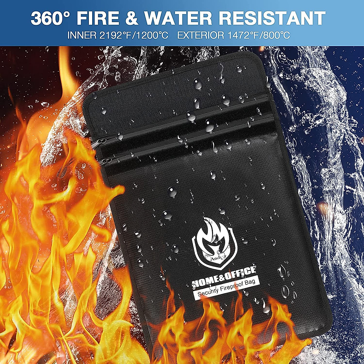 Upgraded Two Pockets Fireproof Document Bag (2000℉), andyer 15”x 11”Waterproof Fireproof Money Bag with Zipper, Waterproof Holder Pouch Fire Safe Bag for Valuables, Legal Documents (Jet Black)