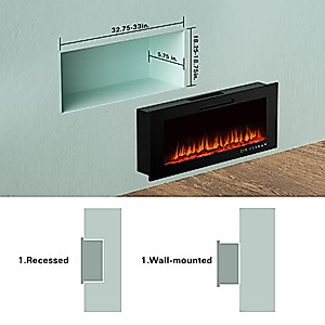 Hykolity 36 inch Electric Fireplace Inserts, 750/1500W Recessed and Wall Mounted Electric Fireplace, Electric Wall Fireplace Heater with Remote Timer, Touch Screen, Log/Crystal Hearth Options