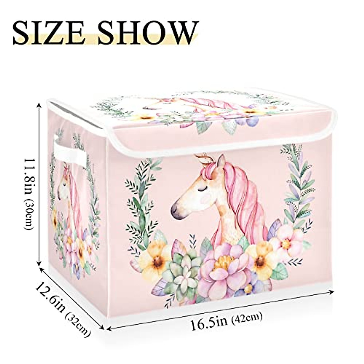Kigai Valentine Unicorn Flower Lidded Home Storage Bins, Foldable Storage Basket with Double Handle, Flip-Top Storage Box for Toys Clothes Documents