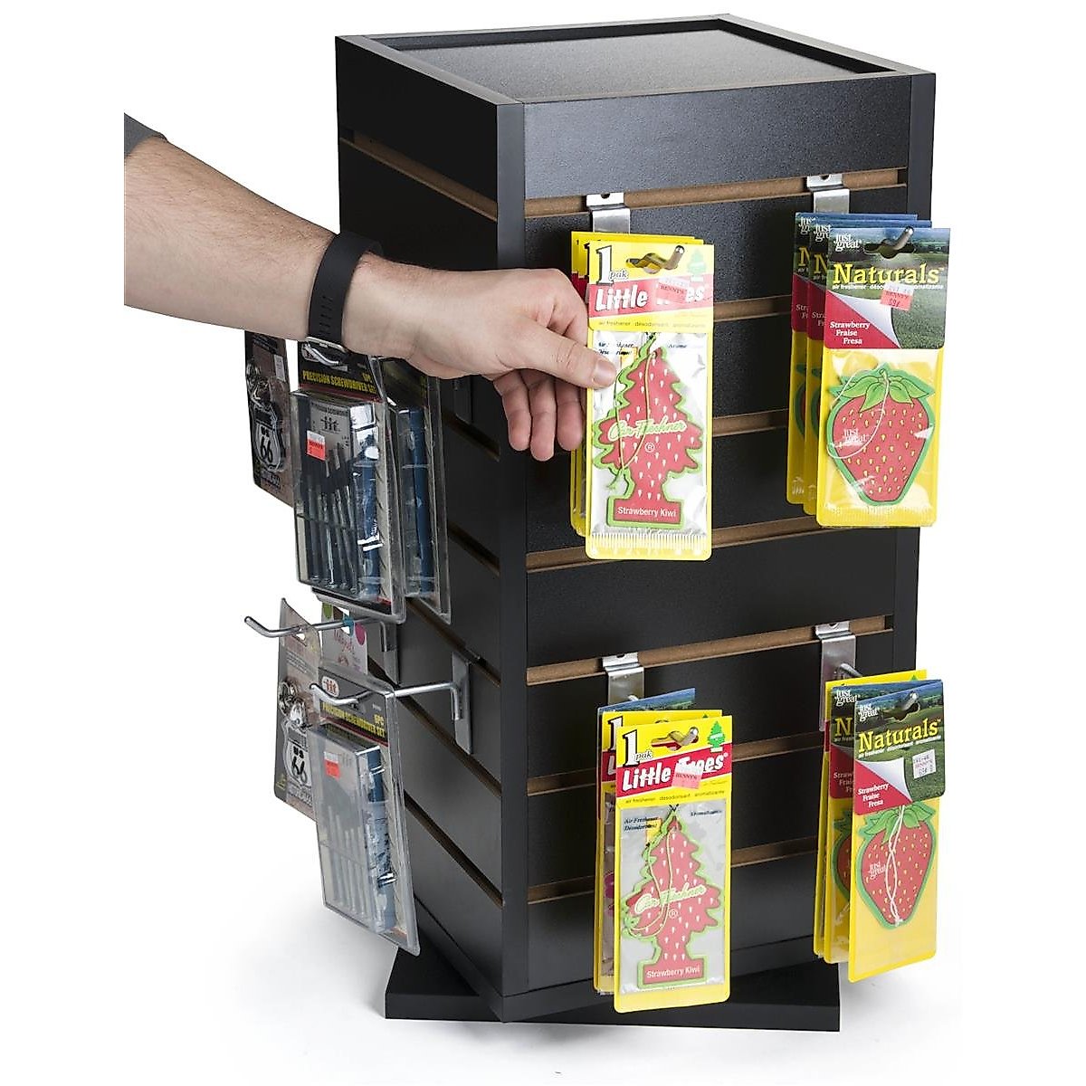 Displays2go Slatwall Display Case with Rotating Base, 28 Display Channels, Counter Mount, Melamine - Black (CTSLWSQ12)
