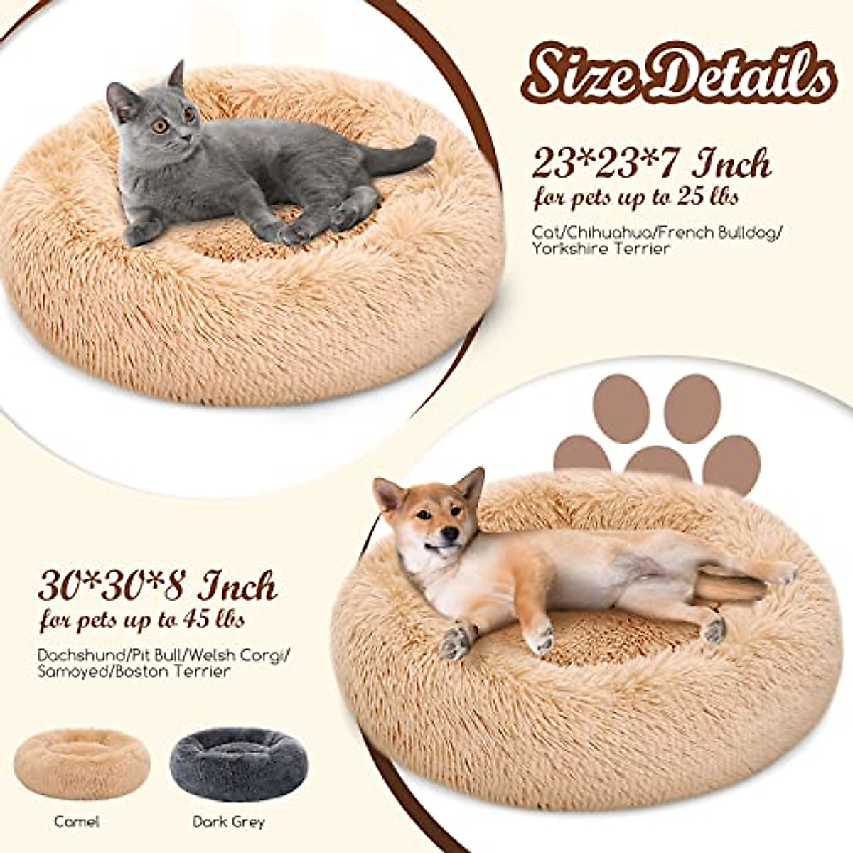 Nobleza Dog Beds for Small Dogs, Washable Soft Round Fluffy Donut Self Warming Cat Bed, Anti-Anxiety Cuddler Dog Calming Bed for Indoor Snoozer & Snuggle, 23" x 23" x 7", Cashmere