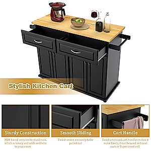 HUEOFGP Kitchen Island Cart with Storage Kitchen Carts on Wheels with Drawer and Cabinet, Wood Countertop, Rolling Island Table for Kitchen (Black)
