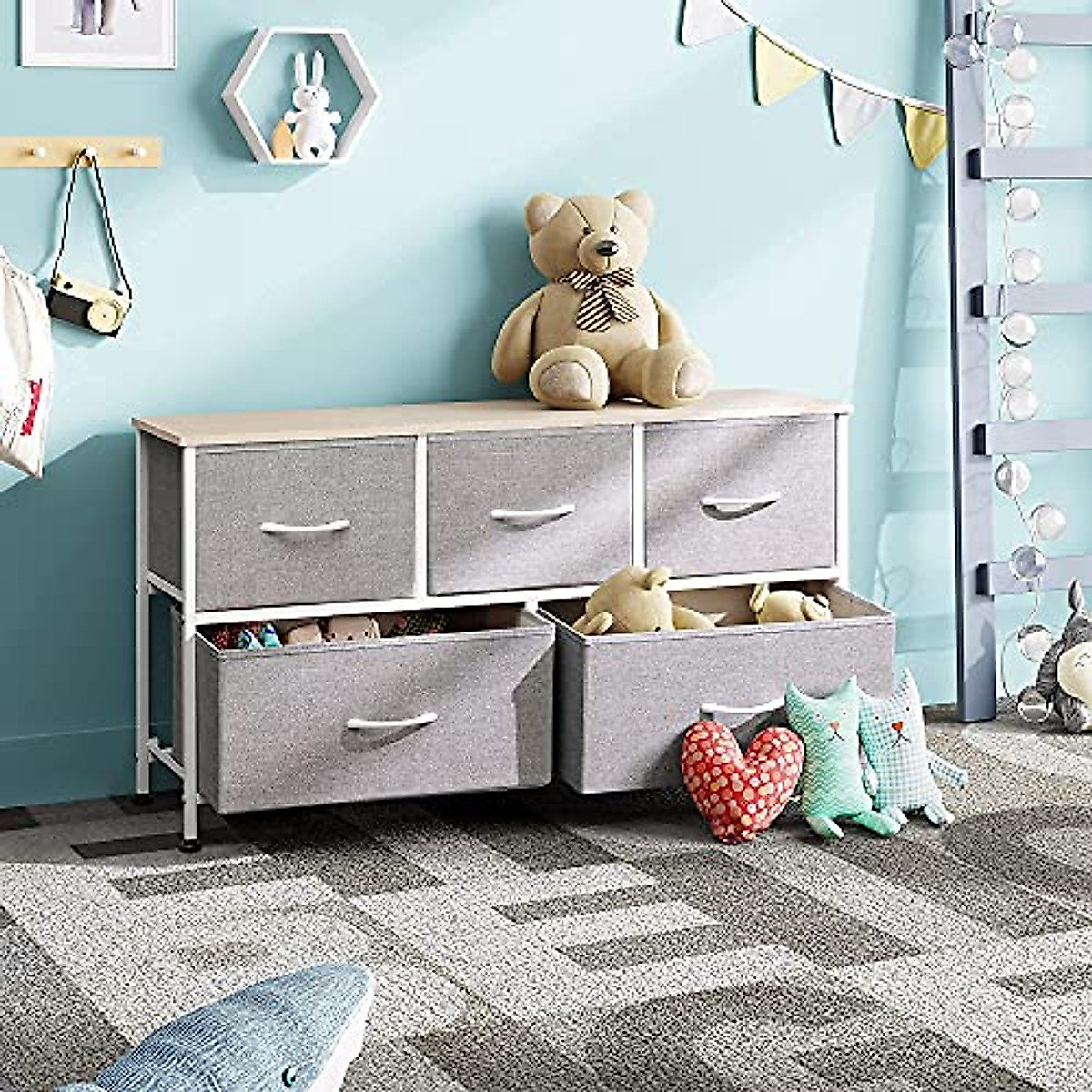 WLIVE 1-Drawer Nightstand and 5-Drawer Dresser Set, Fabric Storage Tower for Bedroom, Hallway, Nursery, Closets, Tall Chest Organizer Unit with Textured Print Fabric Bins, Steel Frame