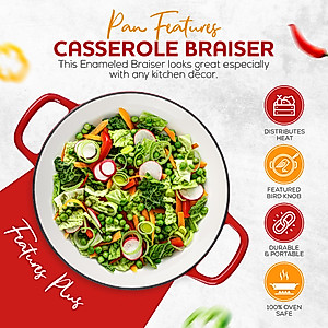 3.5 Qt Enameled Cast Iron Braiser Pan with Lid - With Customizable Knobs & Silicone Heat Grippers - Dutch Oven Cast Iron for Stir Fry & Baking - Braising Pan with Lid Oven Safe Upto 500F