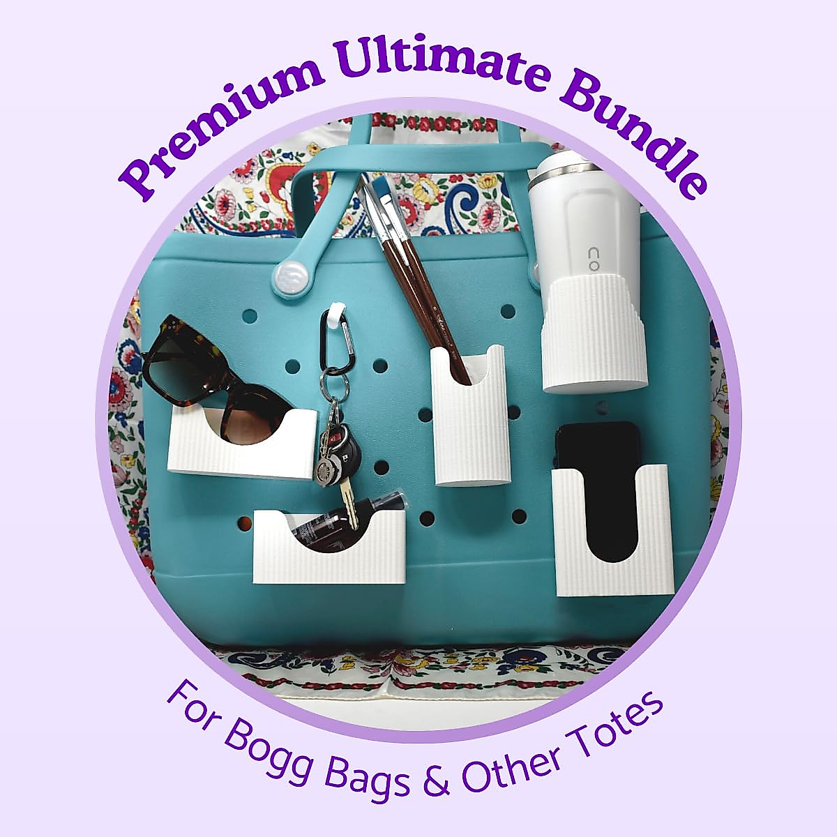 BAGLETS - The Premium Collection Ultimate Bundle - For Bogg Bags & Other Totes - Phone Case Holder, Key & Wallet Holder, Carabiner Key Holder, Bottle Holder Accessory & Sunglasses Holder - White