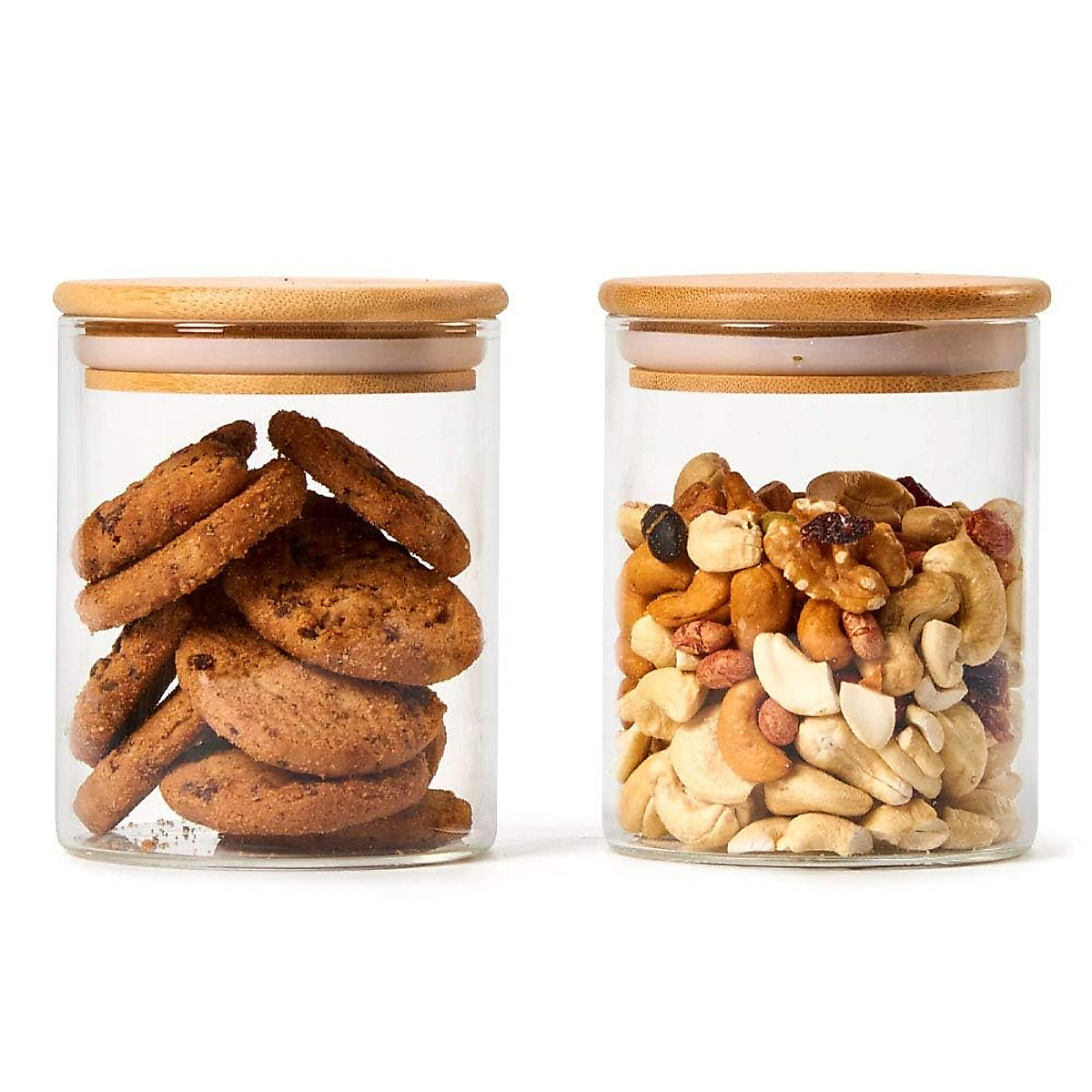 EZOWare Set of 4 Airtight Glass Storage Jars with Bamboo Lid Set, 450ml/15.2oz High Borosilicate Clear Kitchen Pantry Food Canister Container For Cereal, Pasta, Nuts, Spices, Flour, Coffee