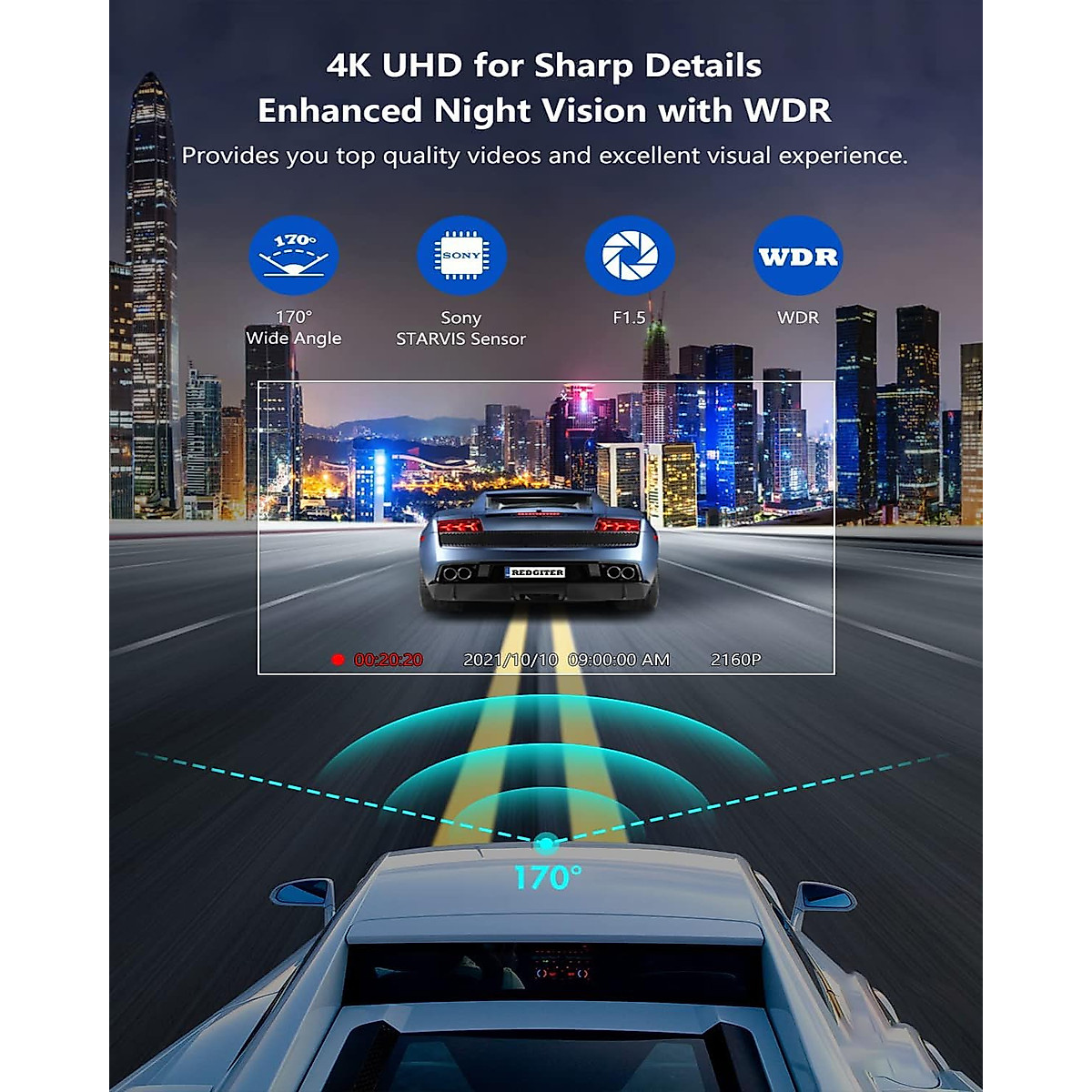 Dash Camera for Cars, 3 Channel 4K Dash Cam Front and Rear Inside,1080P Full HD 170 Deg Wide Angle Dashboard Camera with 64GB Card, IPS Screen,Built in IR Night Vision,G-Sensor,Loop Recording