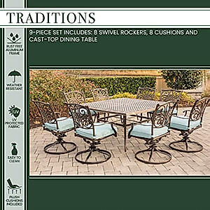 Hanover Traditions 9-Piece Rust-Free Aluminum Outdoor Patio Dining Set, 8 Swivel Rockers and Aluminum Square Dining Table & DC America UBP18181-BR 18-Inch Cast Stone Umbrella Base