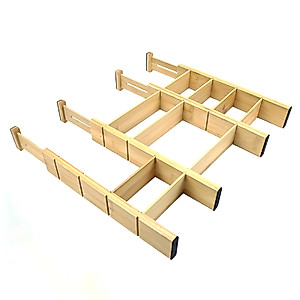 SUEIANNMN 4PCS Expandable Drawer Dividers Set with 12 Inserts Kitchen Drawer Organiser, Bamboo Customisable Cutlery Organiser Desk Drawer Organizer Clothes Drawer Organisation (17-22in)